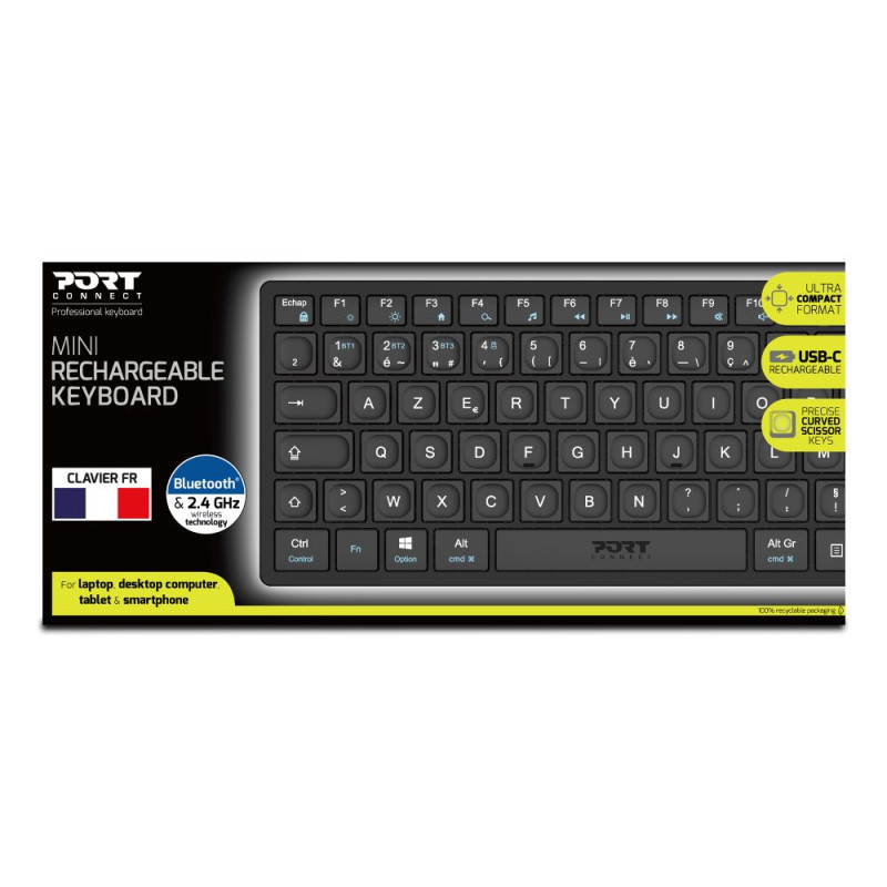 PORT DESIGNS Keyboard Mini Pro Rechargeable Bluetooth - Azerty French ...