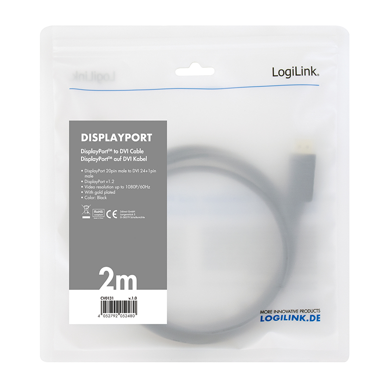 LOGILINK DisplayPort cable - DP/M to DVI/M 1080p - black 5m - CV0133 ...